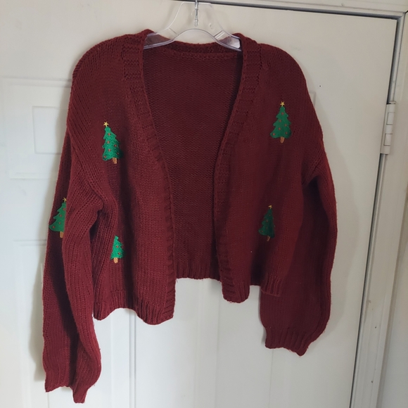 Sweaters | Festive Red Cropped Sweater With Tree Embroidery | Poshmark
